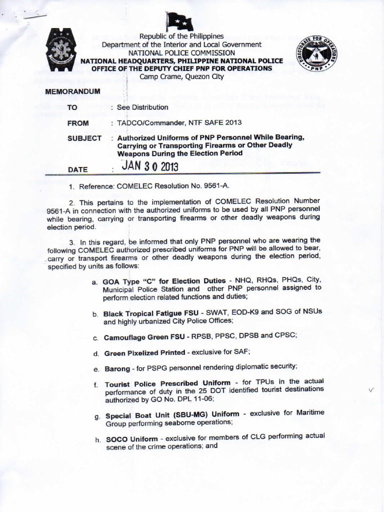 Memo Re Authorized Uniform of PNP During Election Period | PDF