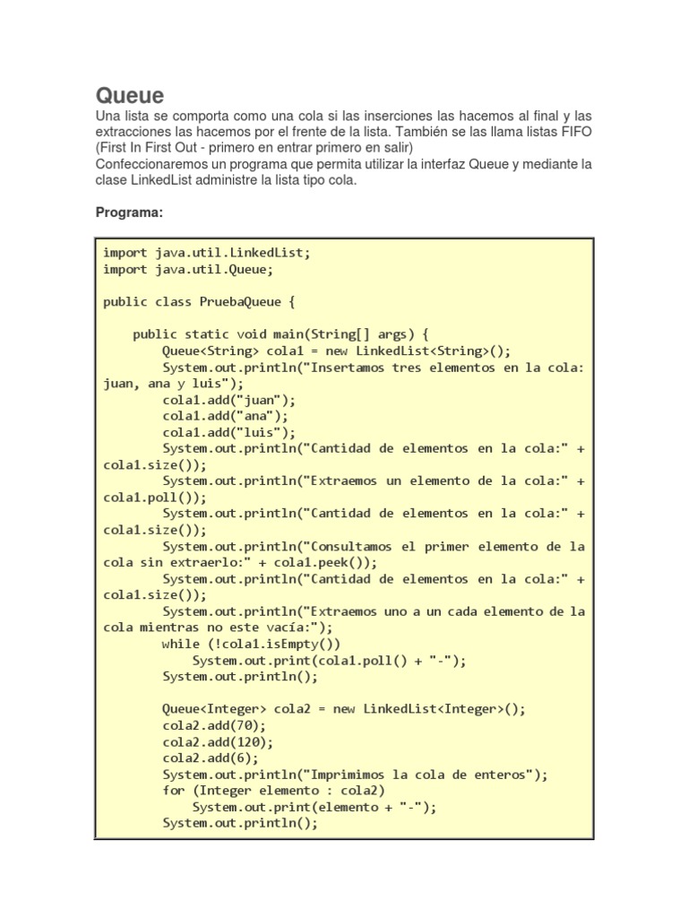 Queue | PDF | Cola (tipo de datos abstractos) | Algoritmos y Estructuras de Datos