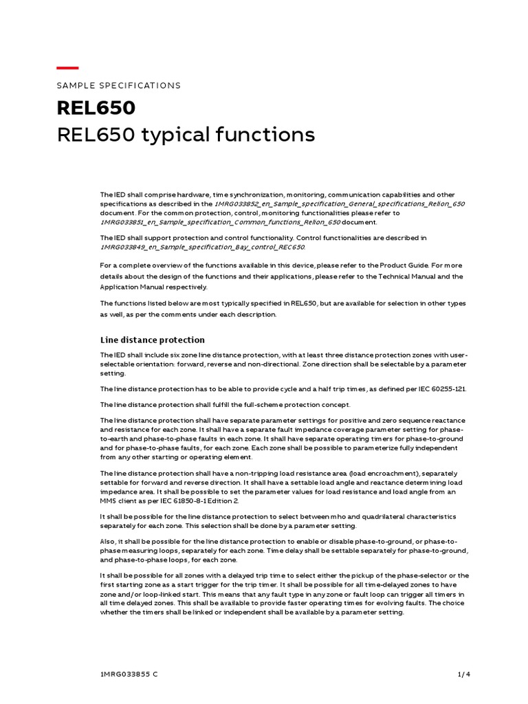 REL650 Typical Functions: Sample Specifications | PDF | Electrical ...