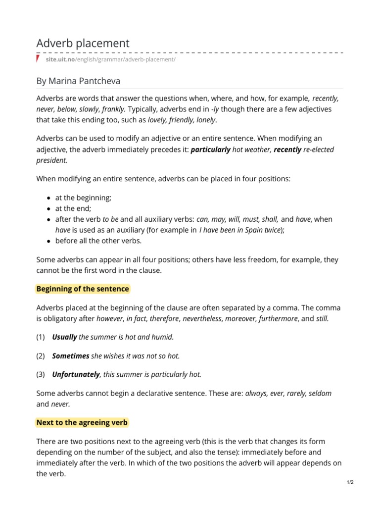 Adverb - S Placement - General Rules | PDF | Adverb | Semantic Units