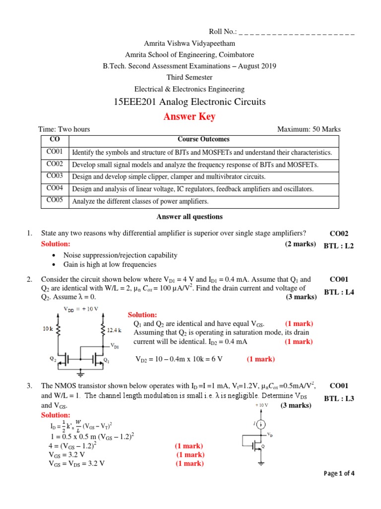 15EEE201 Analog Electronic Circuits: Answer Key | PDF | Amplifier | Mosfet