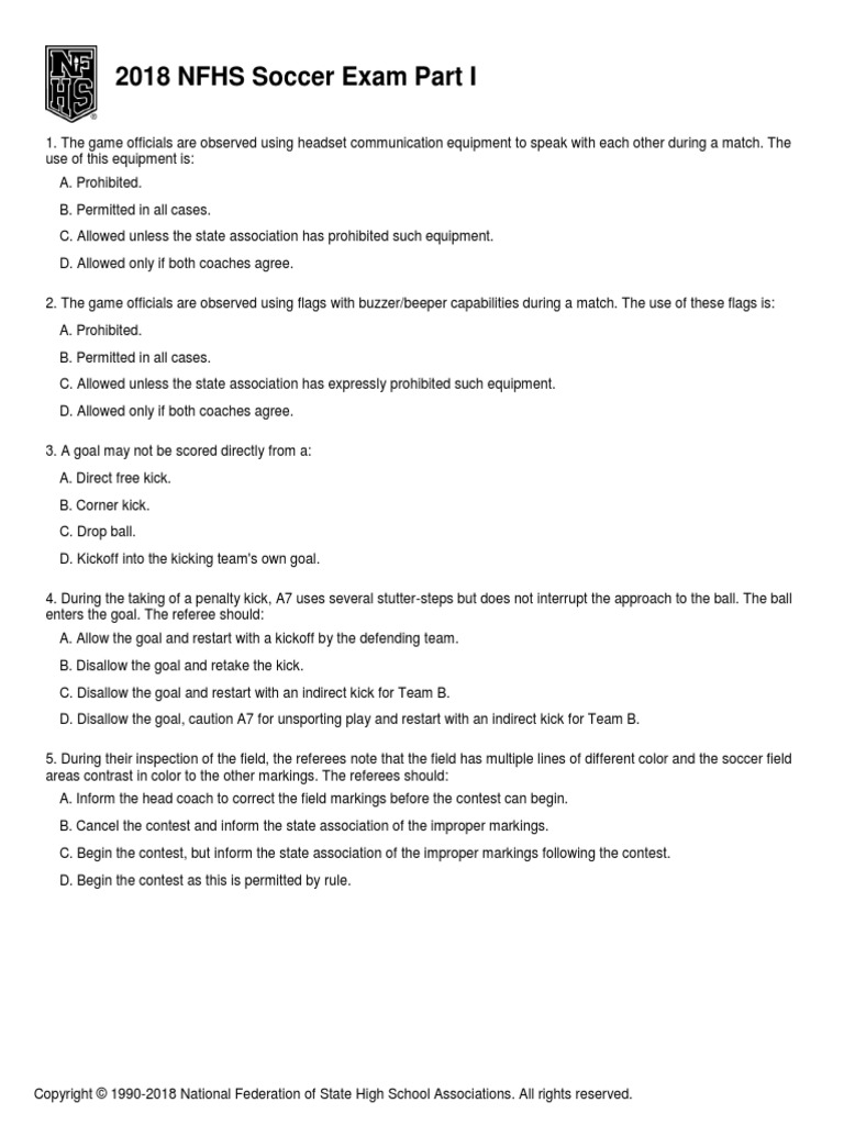 2018 NFHS Soccer Exam Part 1 | PDF | Association Football | Referee