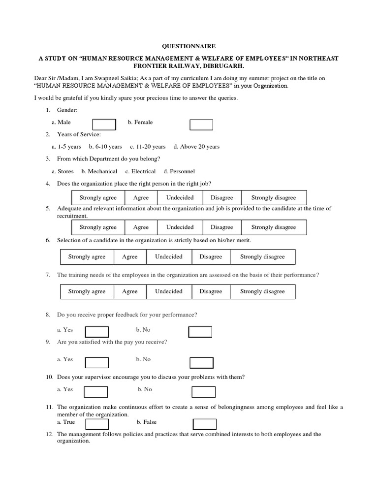 Questionnaire A Study On "Human Resource Management & Welfare of ...