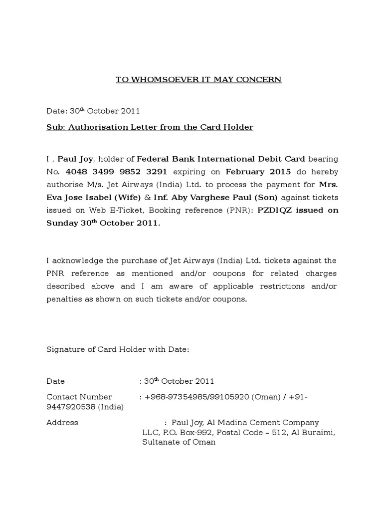 Authorization Letter - Jet Airways | PDF