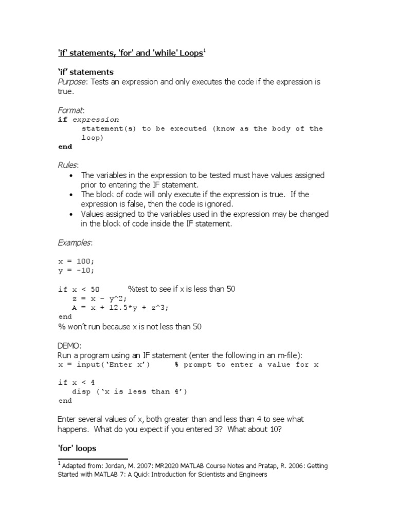 'If' Statements, 'For' and 'While' Loops If' Statements | Download Free PDF | Control Flow ...