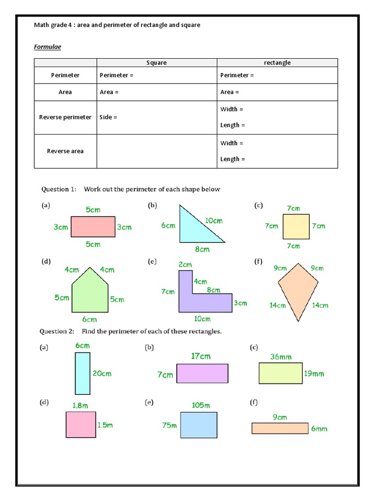 Formulae: Math Grade 4: Area and Perimeter of Rectangle and Square | PDF | Teaching Methods ...