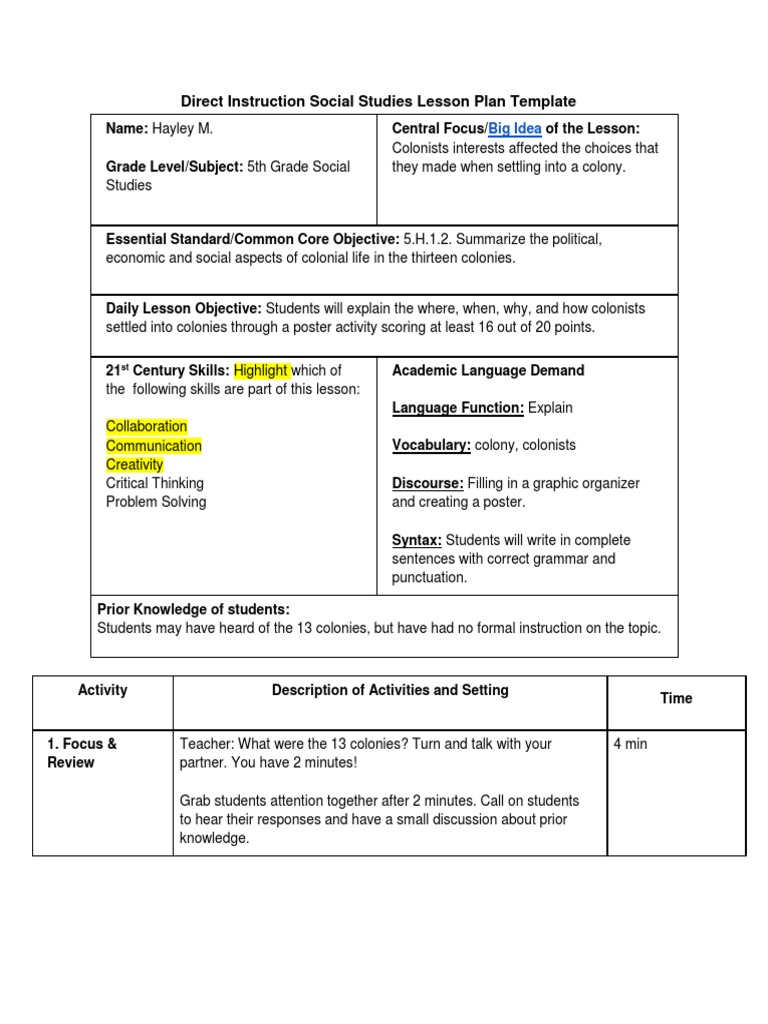 Direct Instruction Social Studies Lesson Plan Template: Big Idea | PDF ...