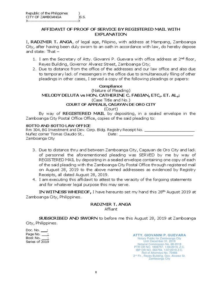 Sample Affidavit of Service | PDF | Registered Mail | Affidavit