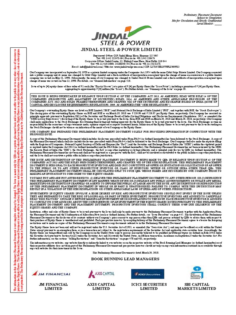 JSPL Preliminary Placement Document | PDF | Securities Act Of 1933 ...