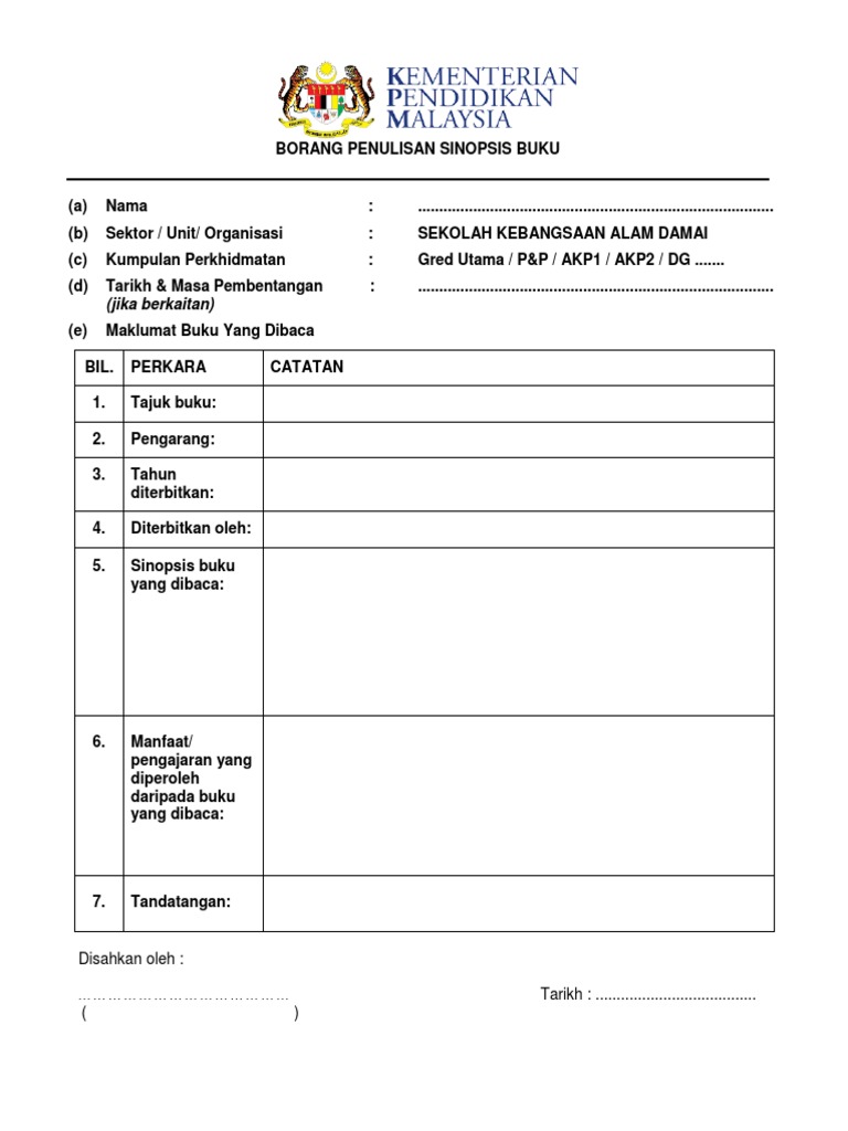 Borang Penulisan Sinopsis Buku (LDP) | PDF