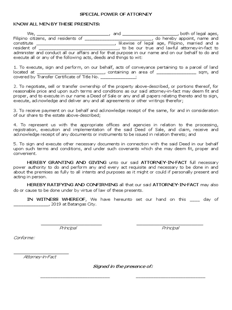 Spa To Sell (Template) | PDF | Power Of Attorney | Deed