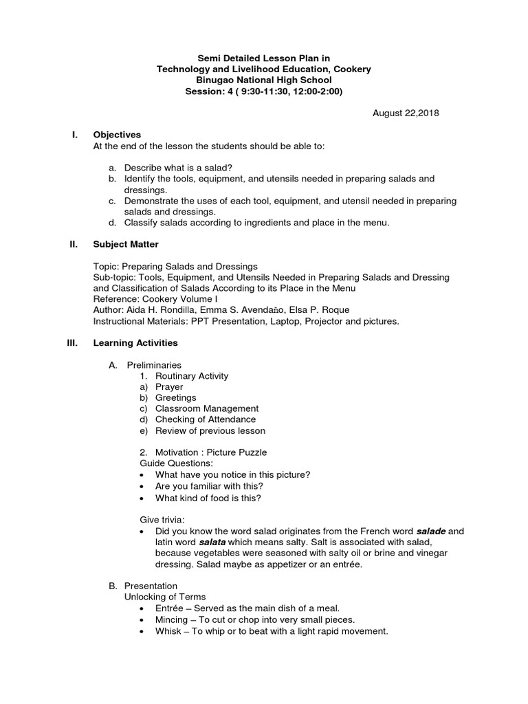 Semi Detailed Lesson Plan in Cookery | Salad | Fruit