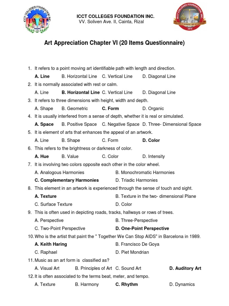 Art Appreciation Quiz: 20 Questions | PDF | Harmony | Perspective ...