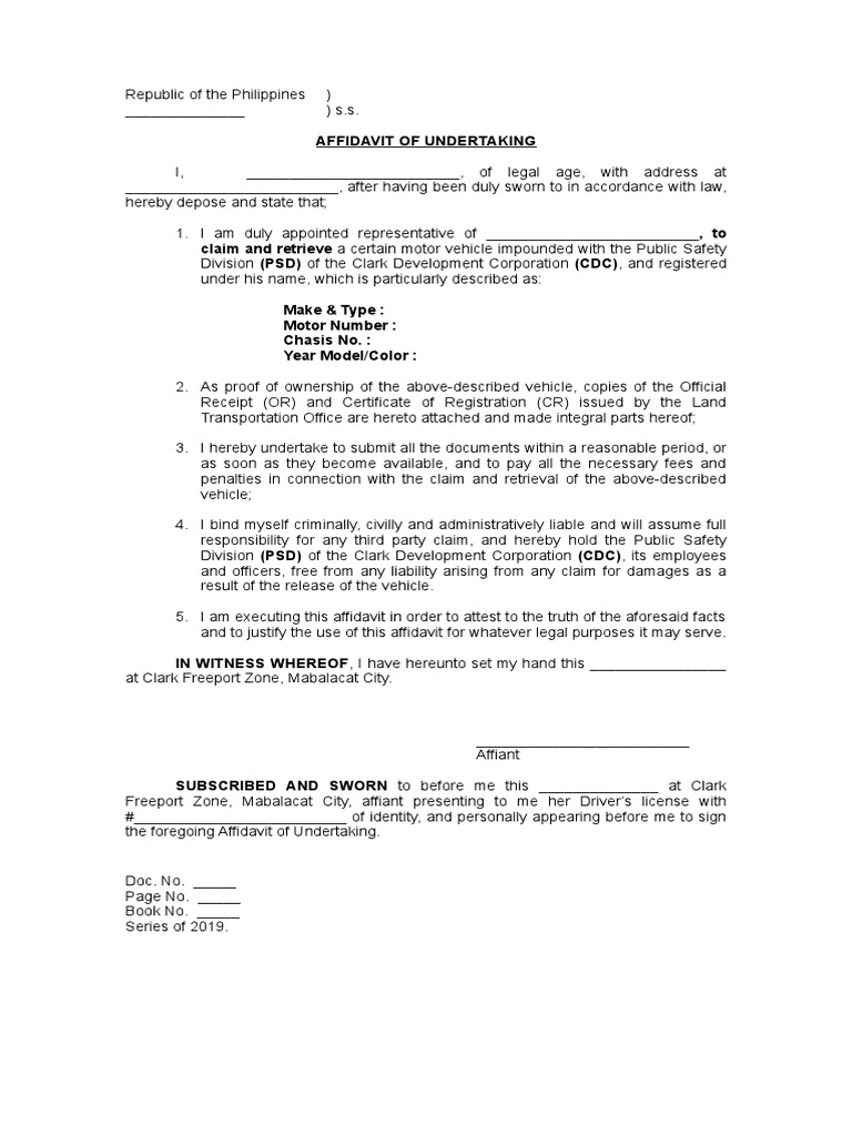 UNDERTAKING Impounded Vehicle | PDF | Affidavit | Private Law