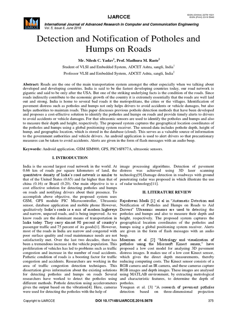 Detection and Notification of Potholes and Humps On Roads: Ijarcce ...
