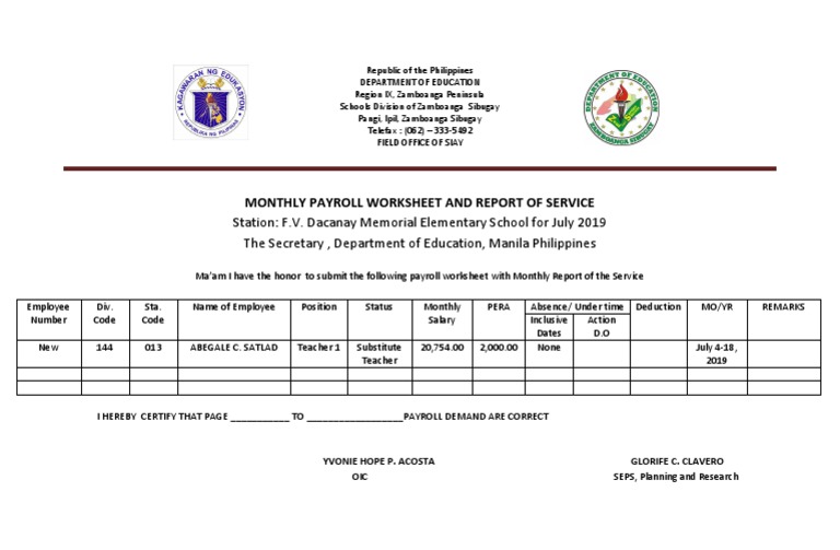 Monthly Payroll Worksheet and Report of Service | PDF