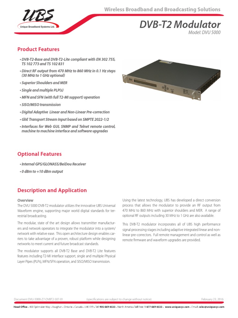 DVB-T2 Modulator: Product Features | PDF | Hertz | Modulation