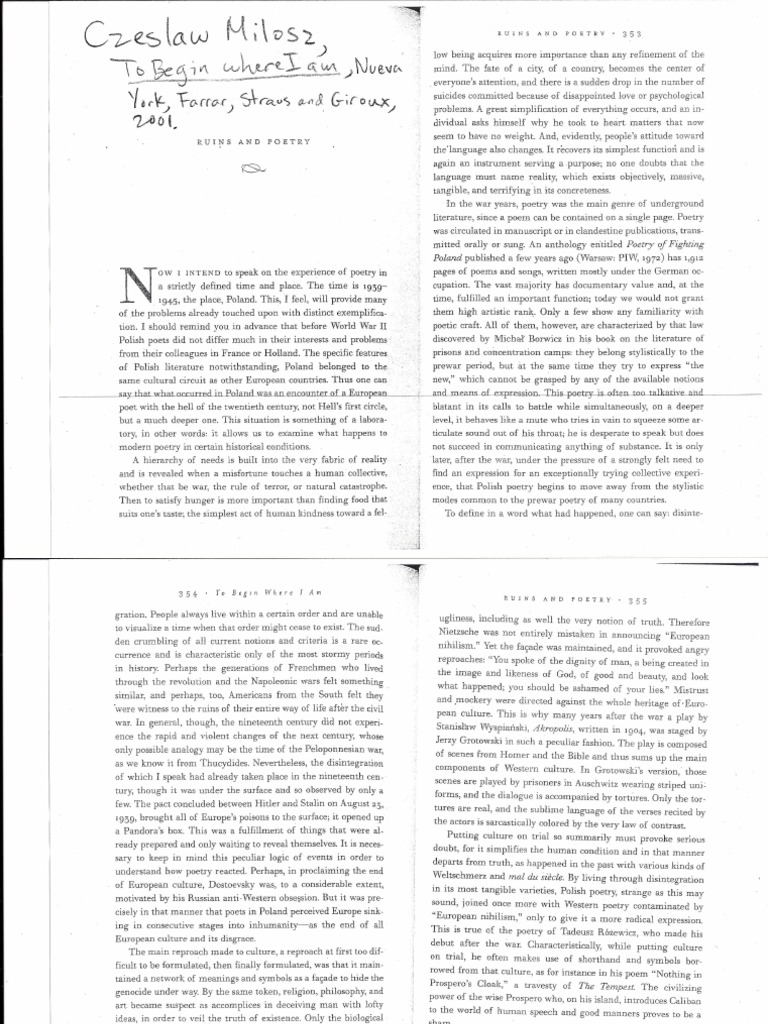 Czeslaw Milosz, Poetry and Ruins | PDF