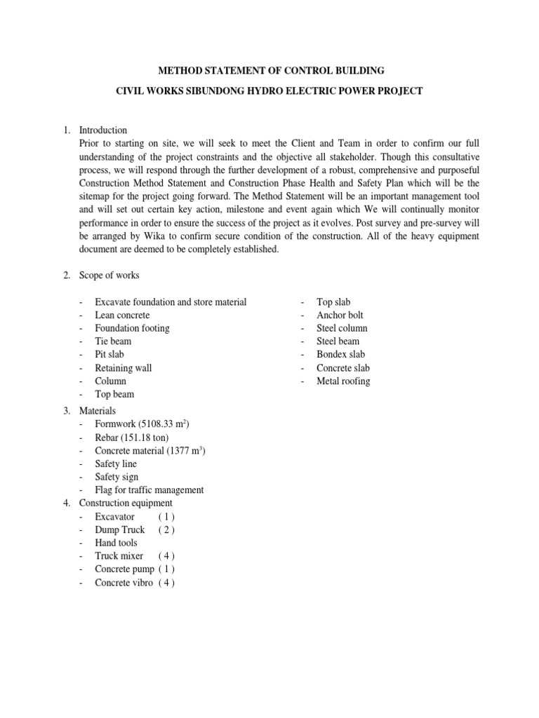 Method Statement of Control Building Sibundong Hydro Power | PDF ...