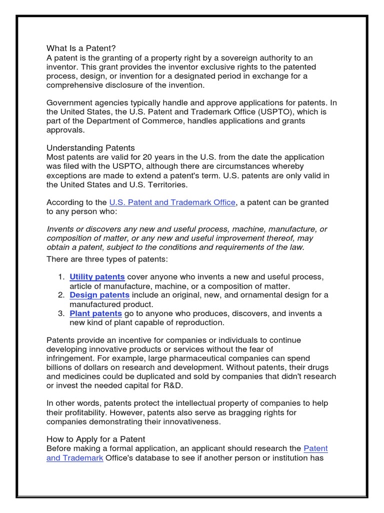 What Is A Patent | PDF | Patent Application | Glossary Of Patent Law Terms