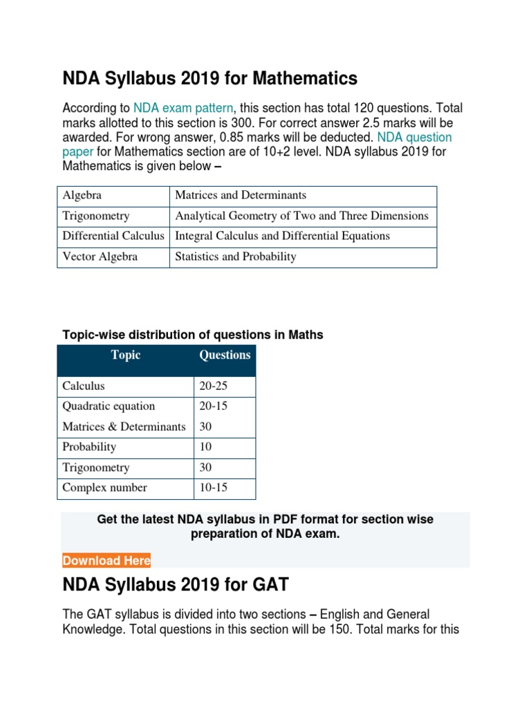 NDA Syllabus 2019 For Mathematics: NDA Exam Pattern NDA Question Paper ...