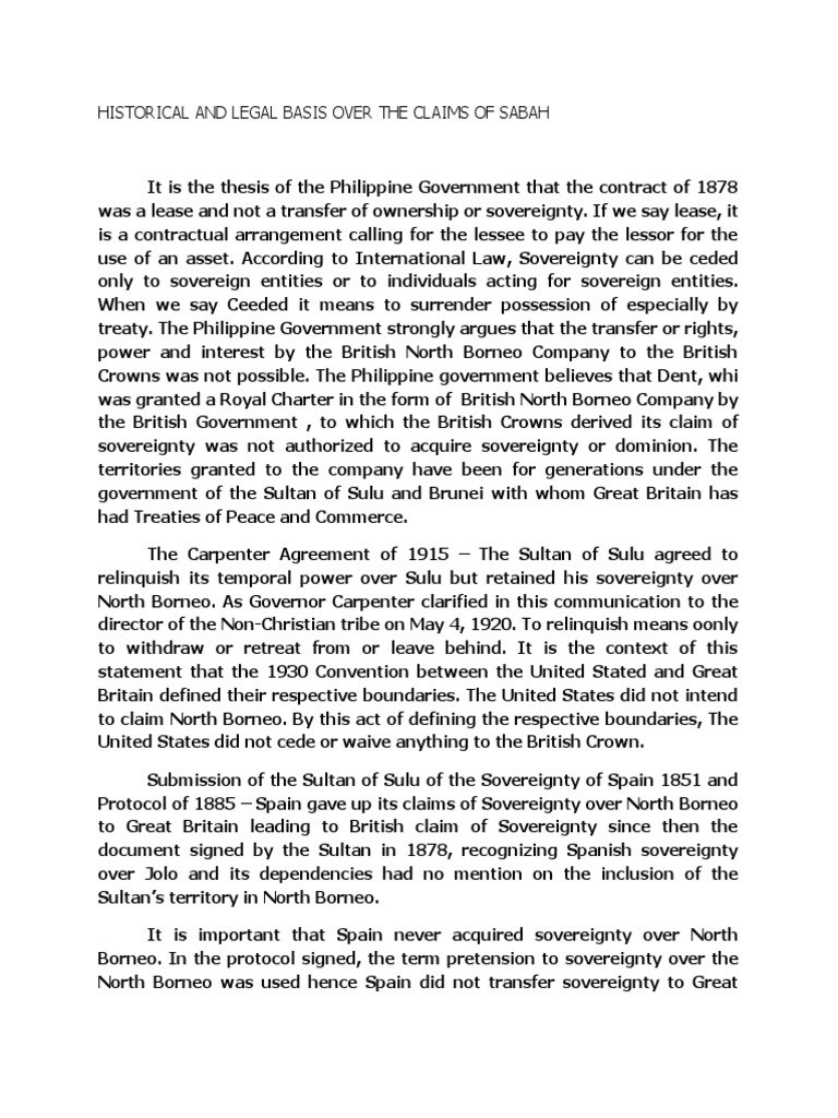 Historical and Legal Basis Over The Claims of Sabah | Download Free PDF ...