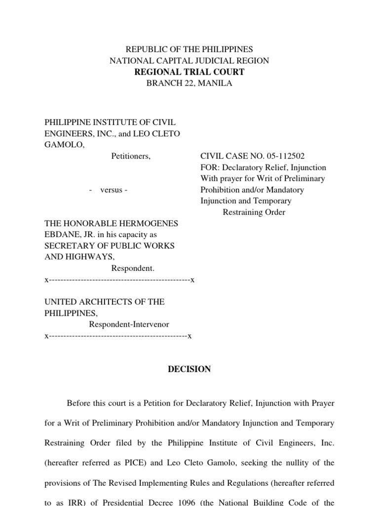 RTC Decision on PICE vs. Ebdane, Jr. | PDF | Injunction | Common Law