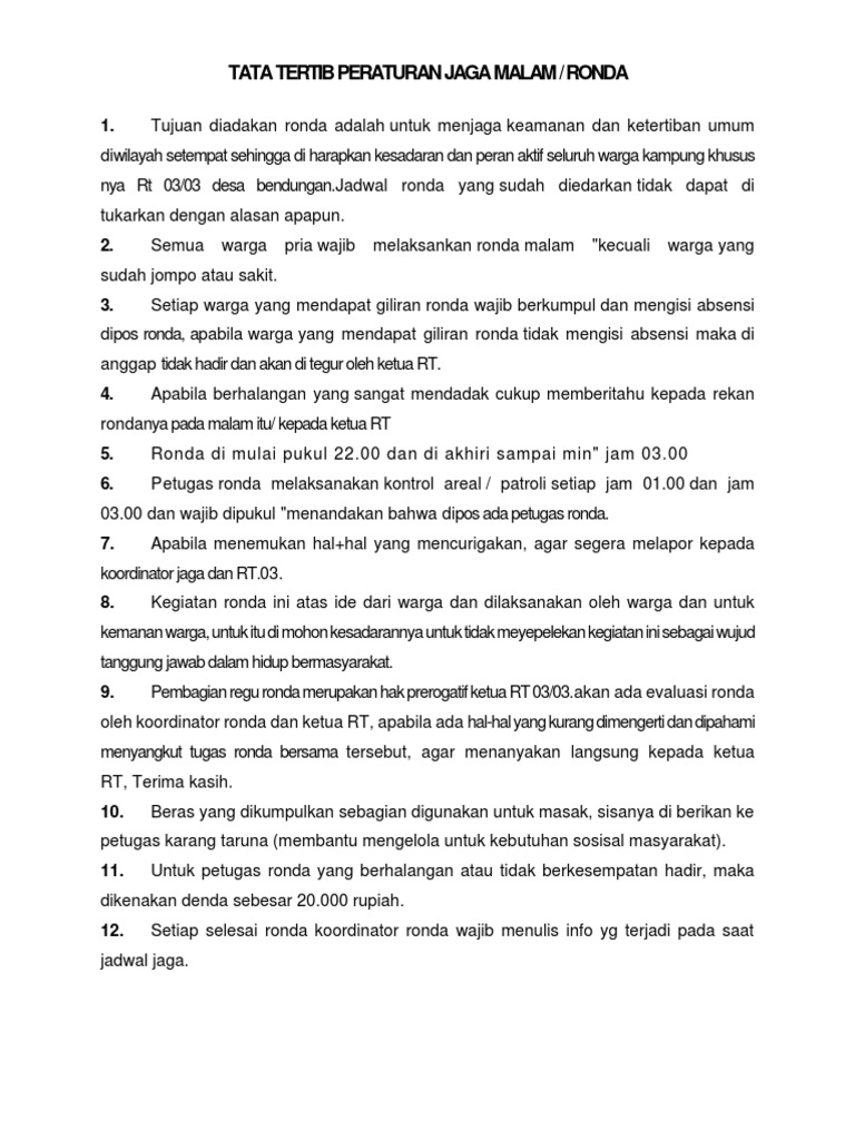 Tata Tertib Peraturan Jaga Malam / Ronda | PDF