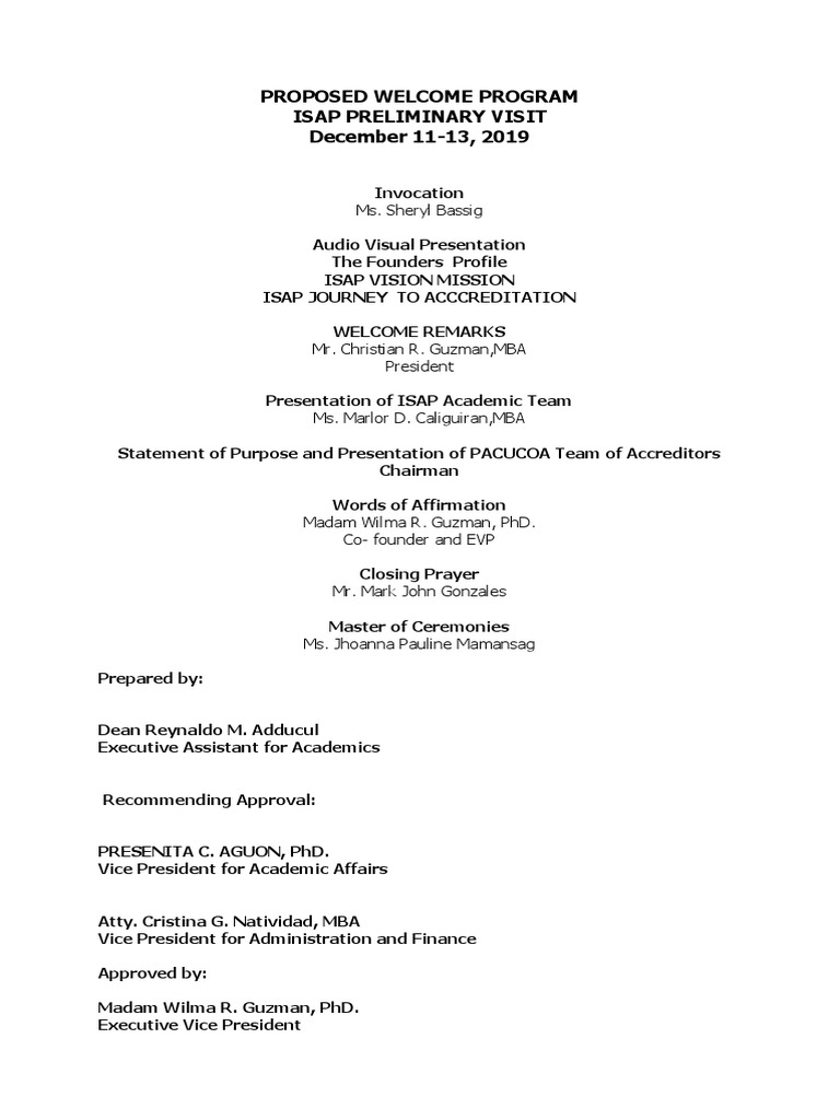 Proposed Welcome Program | PDF