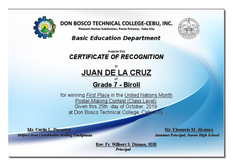 Certificate of Recognition UN Month Contest | PDF