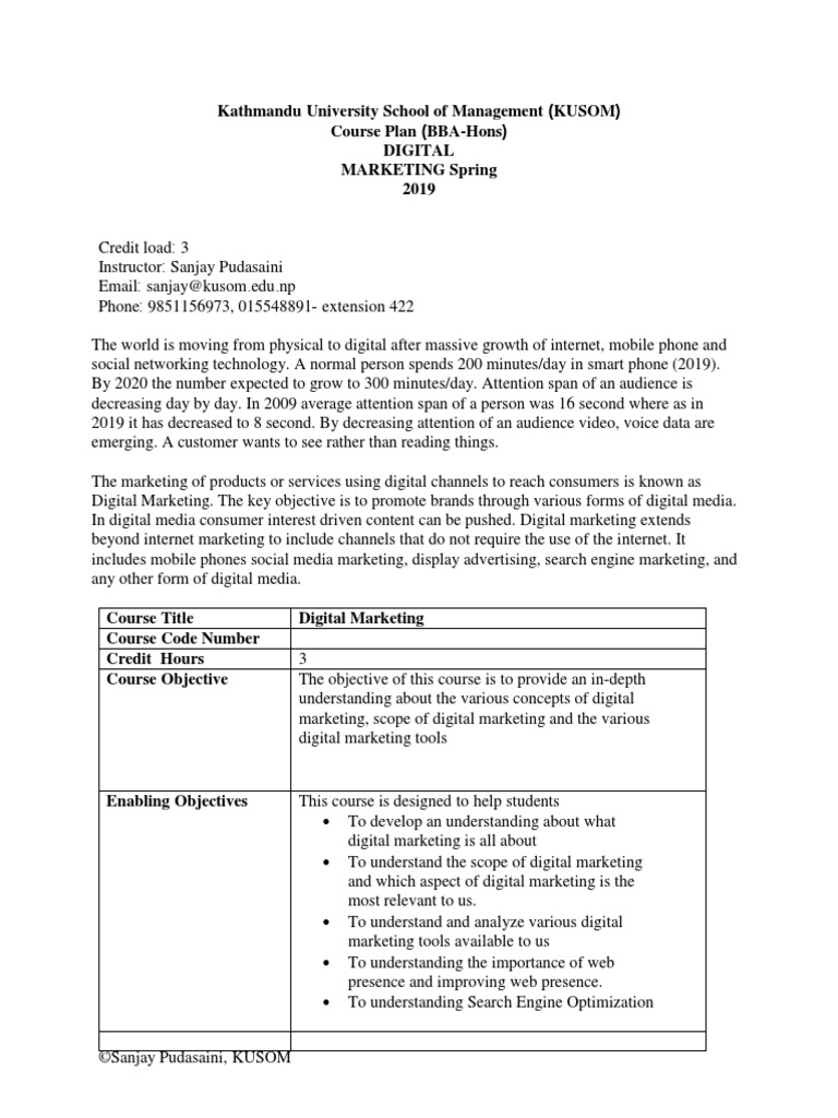 Kathmandu University School of Management (KUSOM) Course Plan (BBA-Hons ...