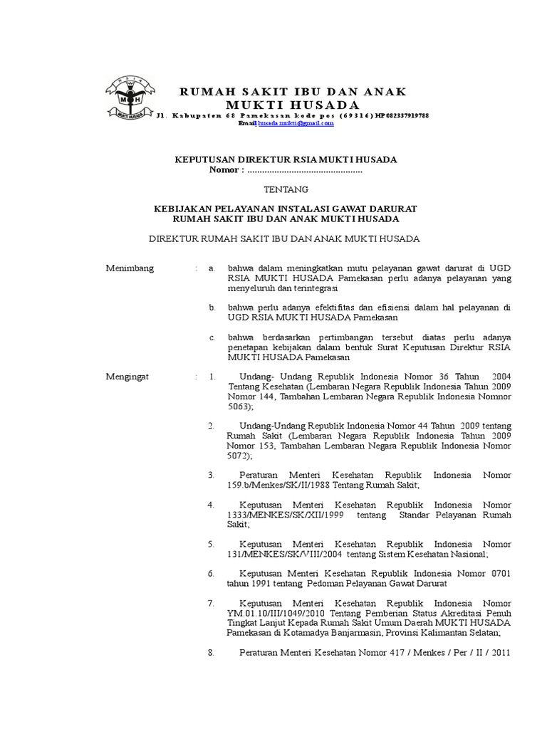 SK Dan Kebijakan Pelayanan IGD | PDF