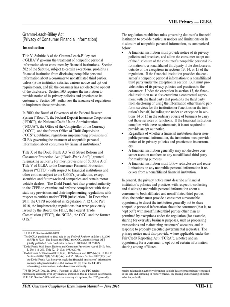 VIII. Privacy - GLBA Gramm-Leach-Bliley Act (Privacy of Consumer ...