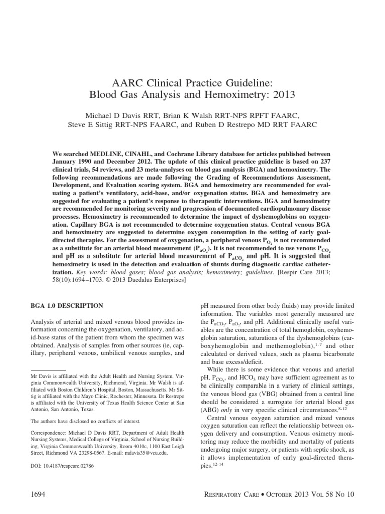 AARC Clinical Practice Guideline: Blood Gas Analysis and Hemoximetry ...