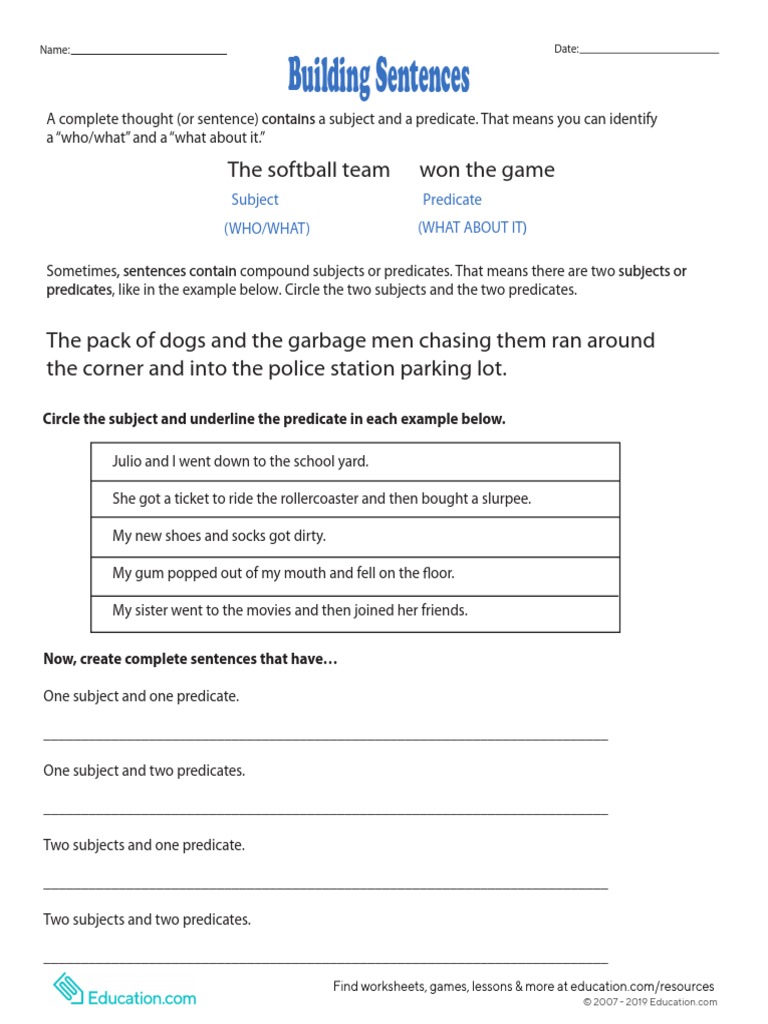 Building Sentences: The Softball Team Won The Game | PDF