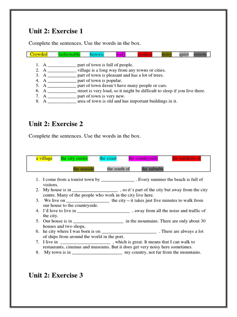 Unit 2: Exercise 1: Complete The Sentences. Use The Words in The Box | PDF | Stress (Linguistics ...