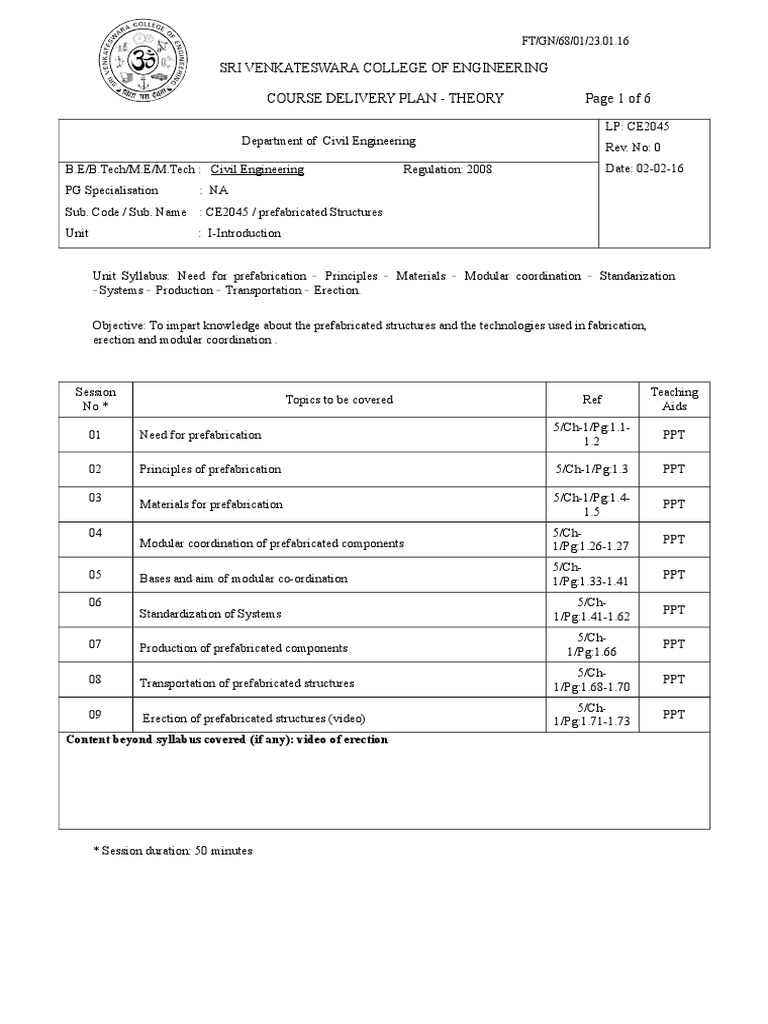 Sri Venkateswara College of Engineering Course Delivery Plan - Theory ...