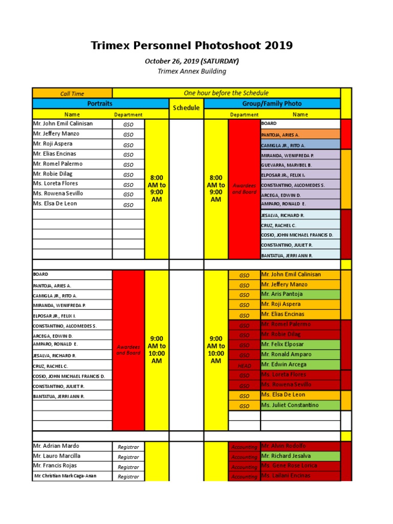 Photoshoot Schedule Final | PDF