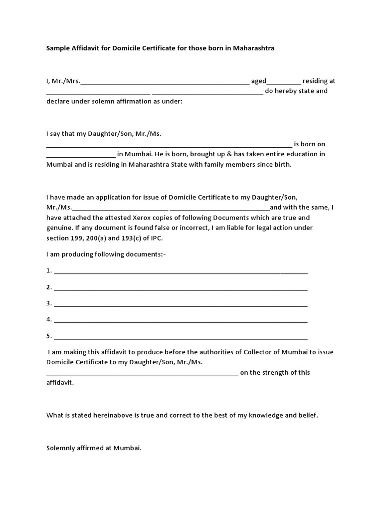 Sample Affidavit Domicile Certificate | PDF