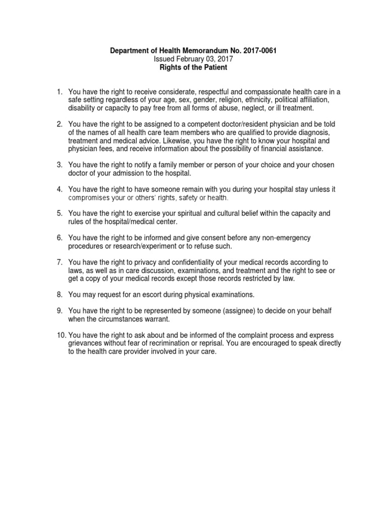 Patient Rights Under DOH Memo 2017-0061 | PDF | Social Science | Self ...