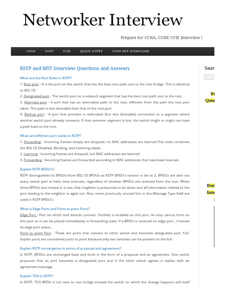 RSTP and MST Interview Questions and Answers - Networker Interview | PDF | Computer Standards ...