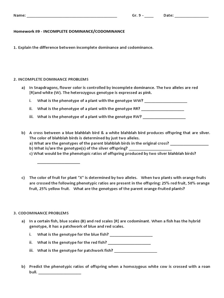 Incomplete & Codominance Worksheet | PDF | Dominance (Genetics) | Genotype