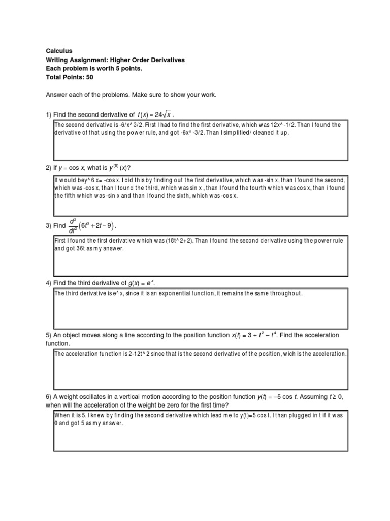 Writing Assignment - Higher Order Derivatives | PDF | Function (Mathematics) | Derivative