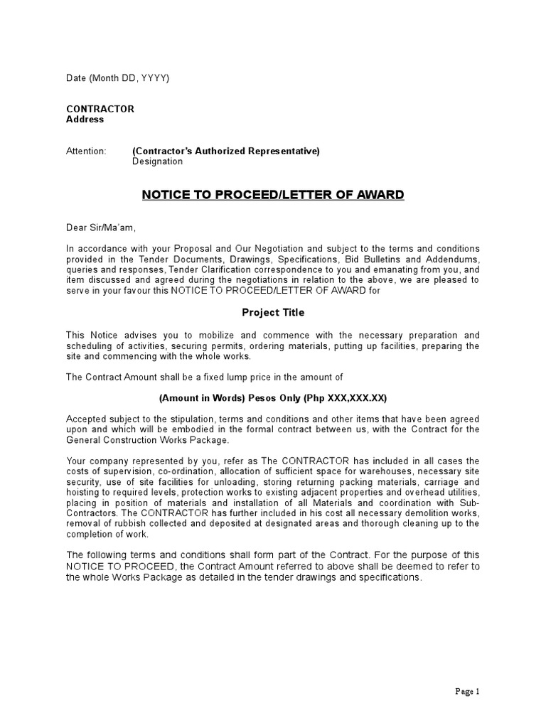 Notice To Proceed/Letter of Award: Contractor Address | Download Free ...
