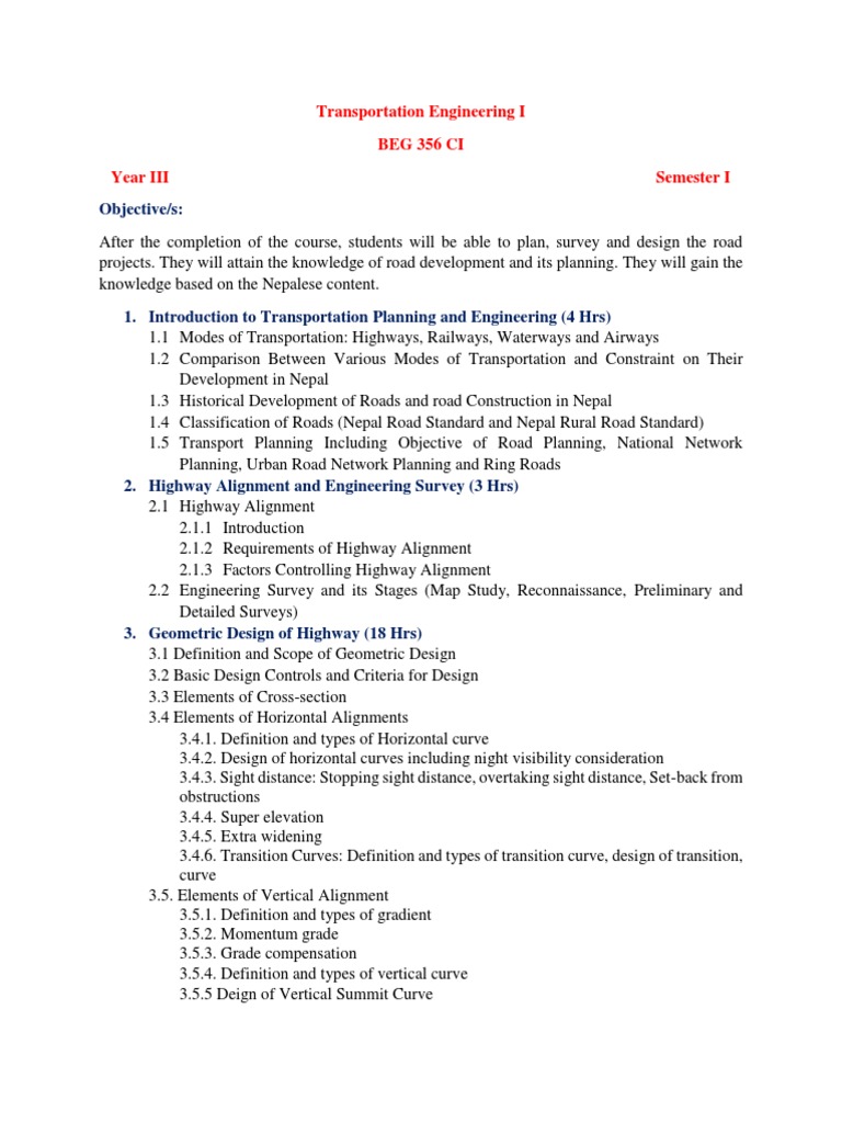 PU Syllabus Transportation Engineering I | PDF | Road | Asphalt