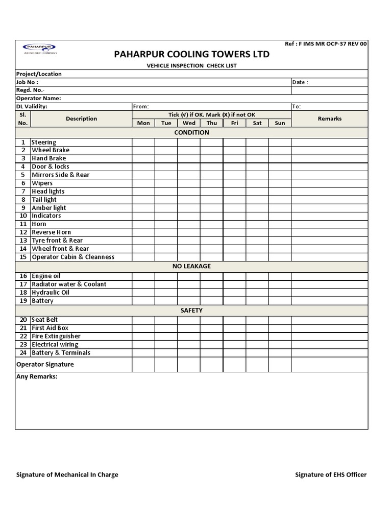 Vehicle Inspection Checklist for Paharpur Cooling Towers Ltd Dated ...