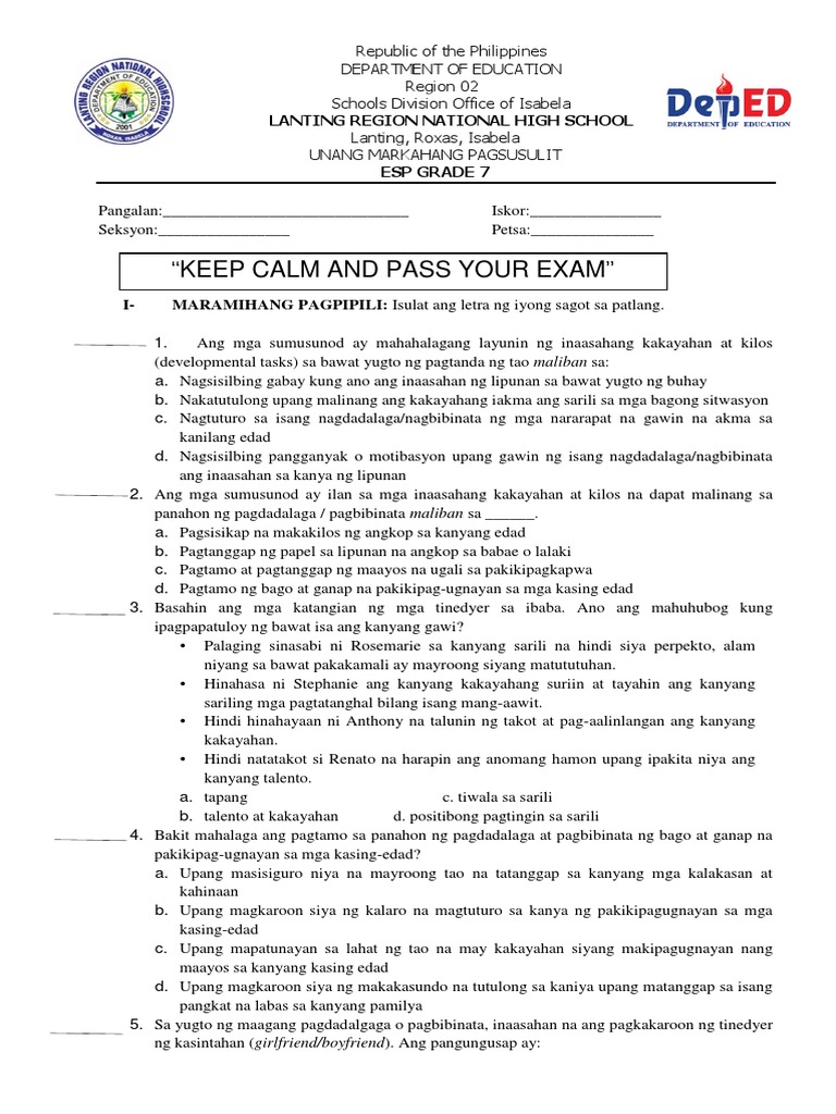 ESP 7 Exam 1st Grading | PDF