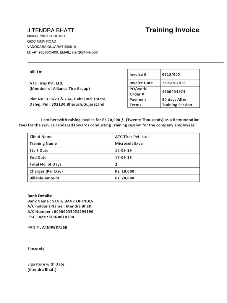 Training Invoice: Jitendra Bhatt | PDF