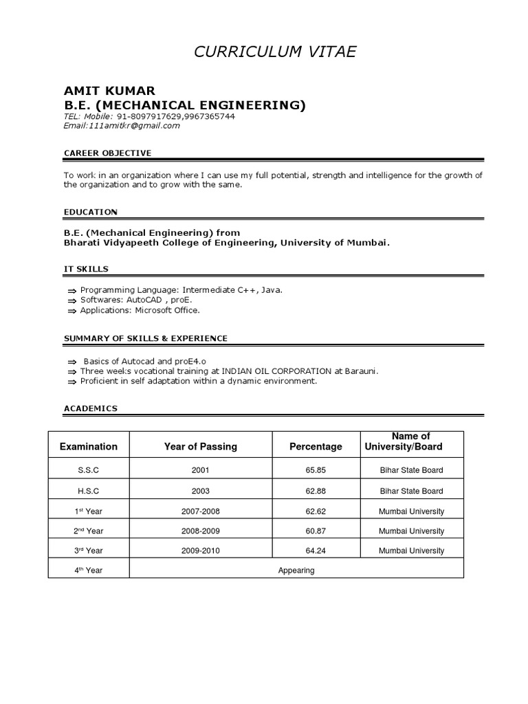 Curriculum Vitae: Amit Kumar B.E. (Mechanical Engineering) | PDF | Computing