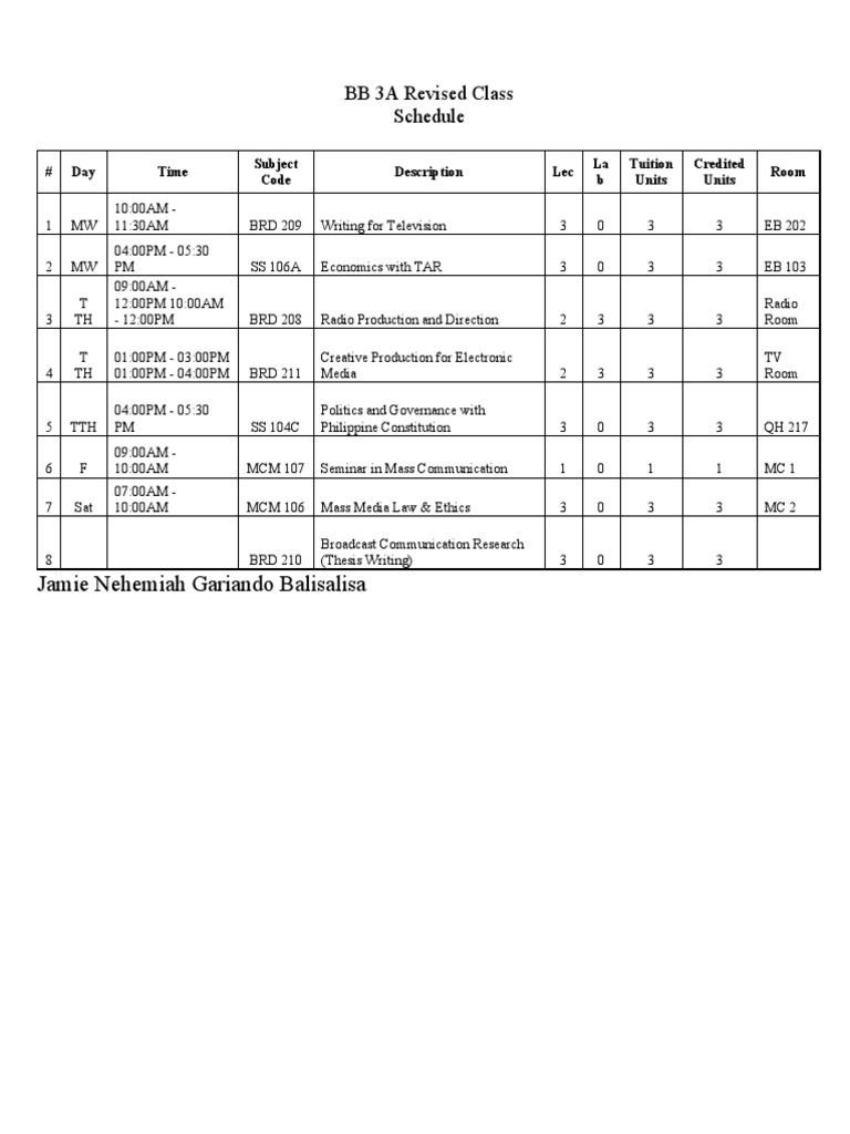BB 3A Revised Class Schedule | PDF